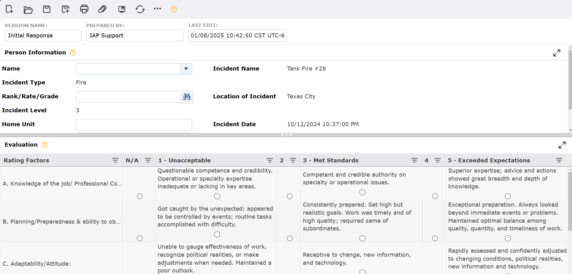 ICS 225 - Personnel Performance Rating